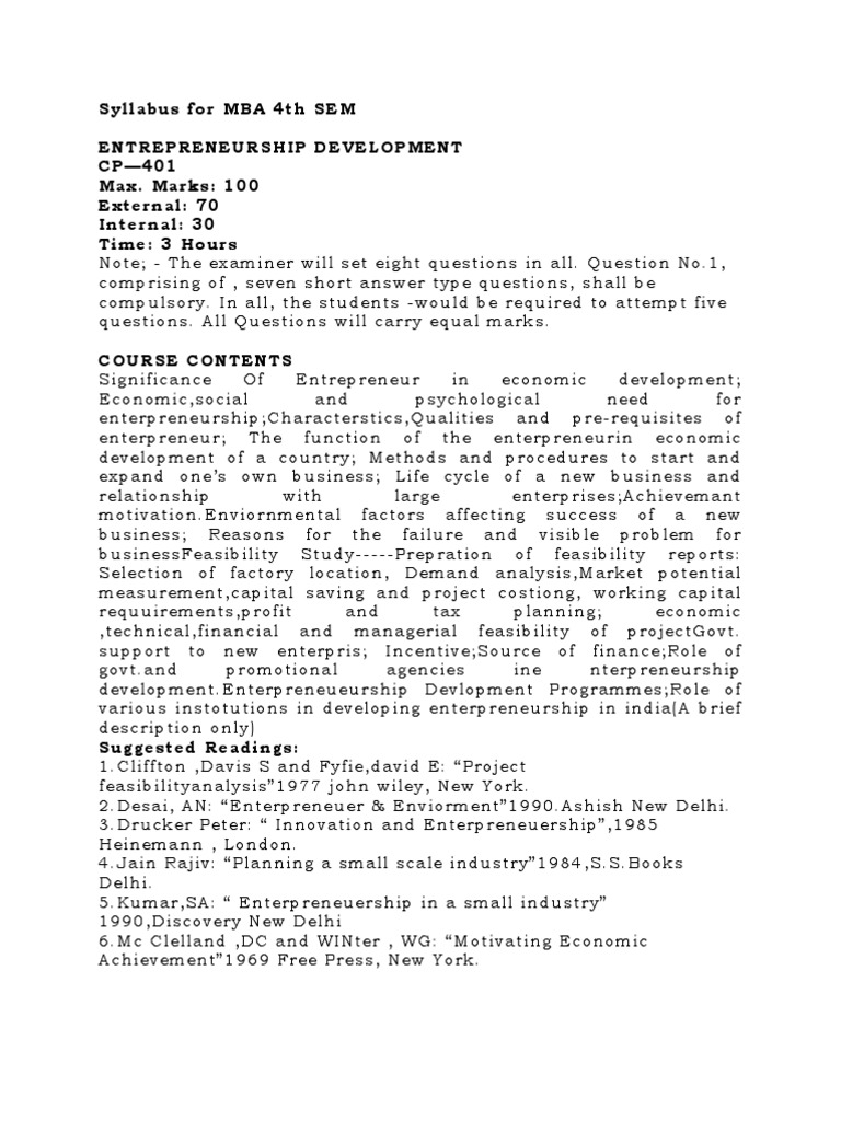 Entrepreneurship Development Programme MBA 4th Semester Syllabus | PDF ...