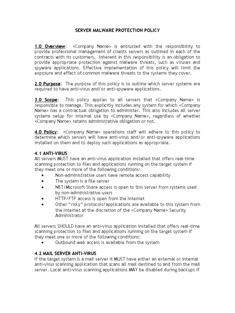 Server Malware Protection Policy | PDF | Malware | Antivirus Software
