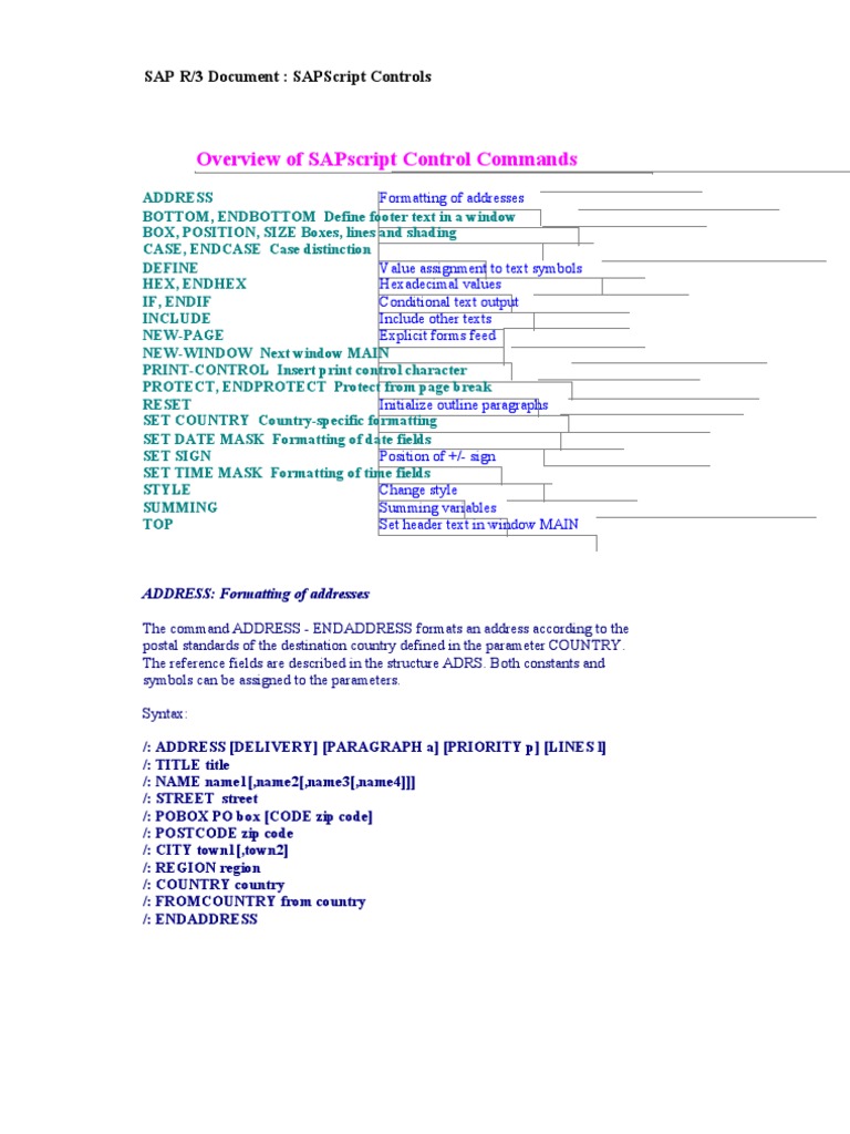 Sapscript Control Commands Pdf Address Geography Parameter Computer Programming 