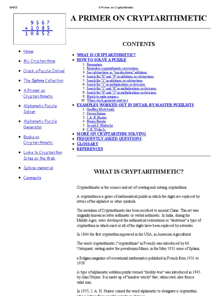 A Primer On Cryptarithmetic | PDF | Matrix (Mathematics) | Multiplication