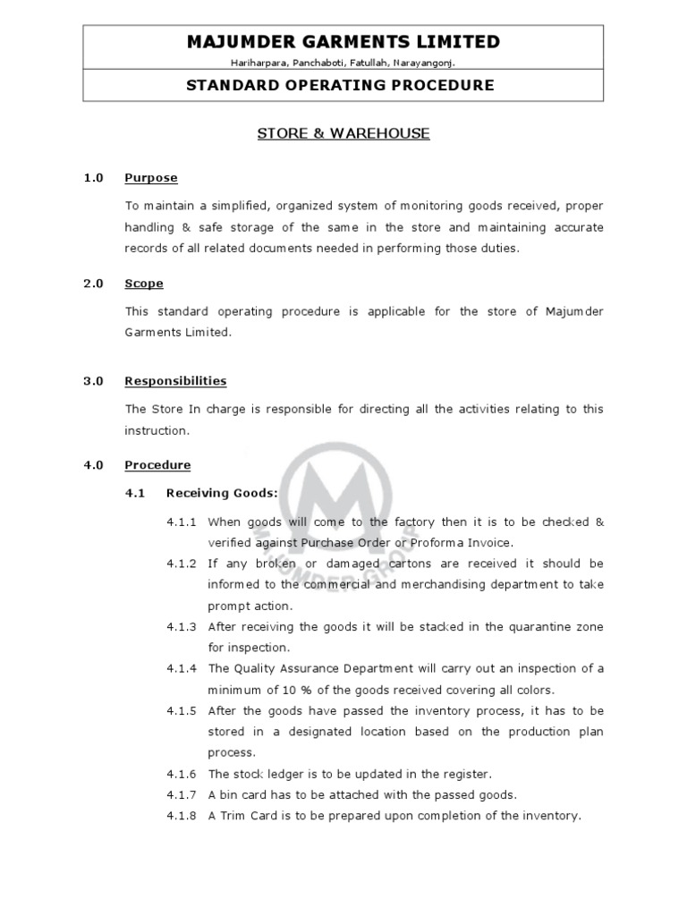 Majumder Garments Limited: Standard Operating Procedure | PDF ...
