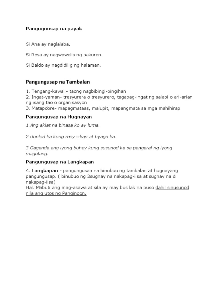 Pangugnusap Na Payak, Tambalan Hugnayan at Langkapan | PDF