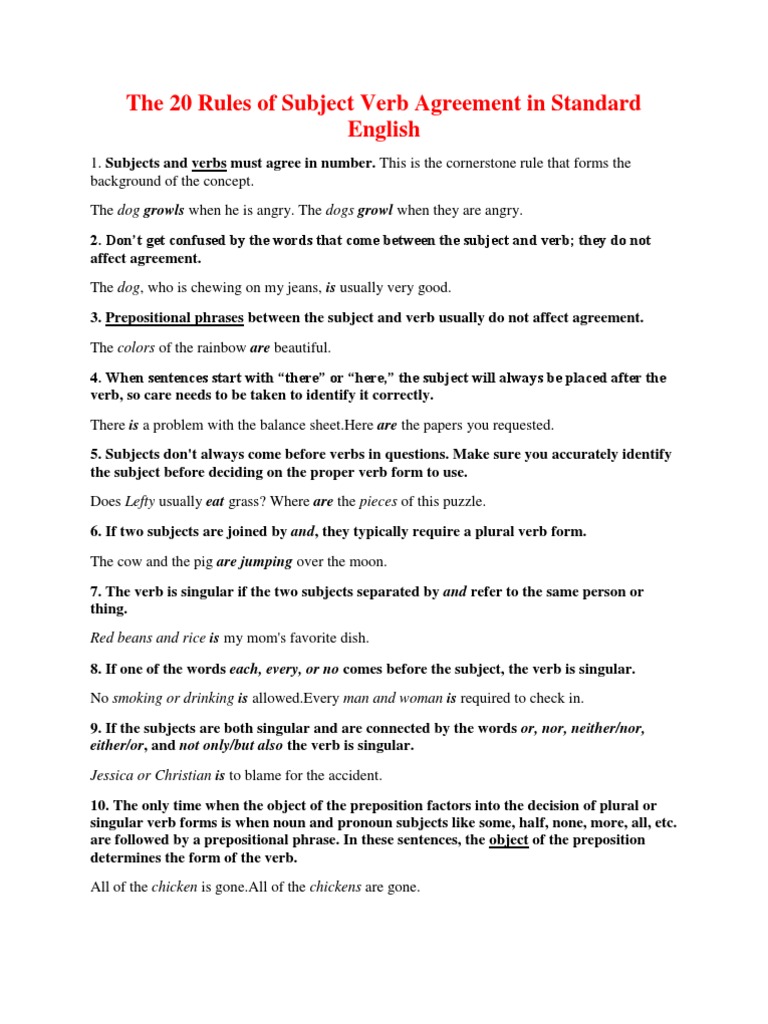 20 Rules of Subject-Verb Agreement | PDF | Grammatical Number | Plural