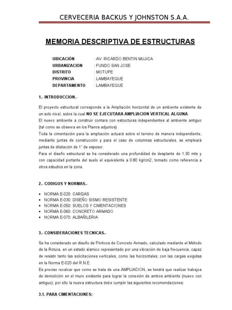 Memoria Descriptiva Estructuras | Fundación (Ingeniería) | Elementos arquitectónicos