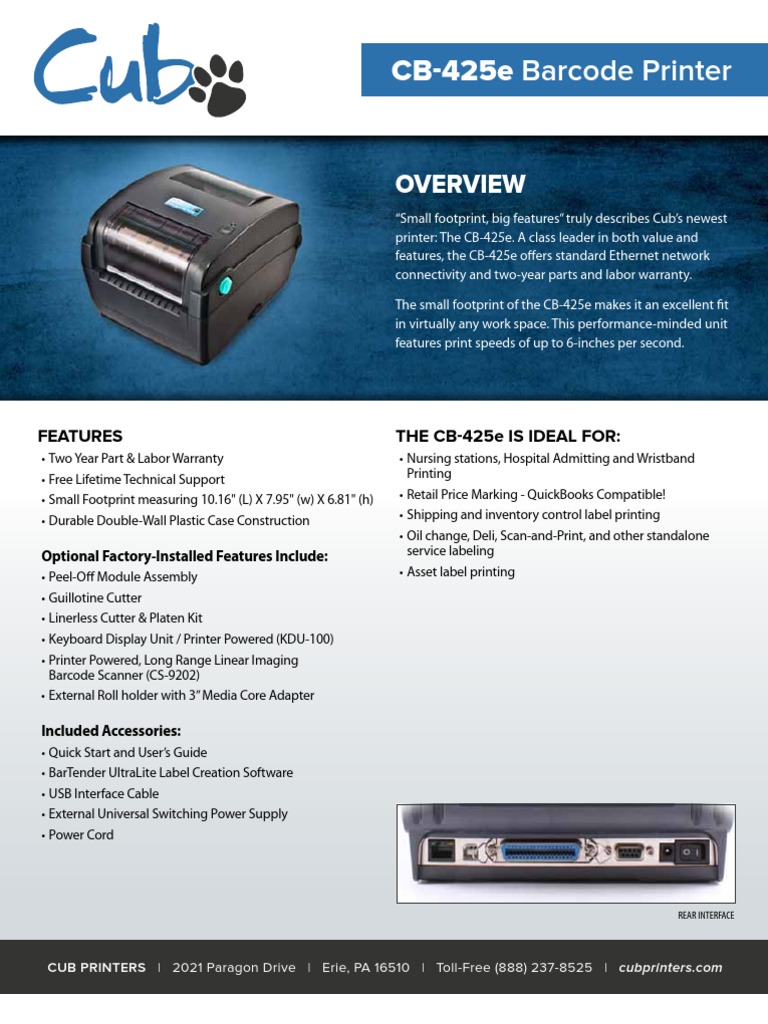 Cub CB-425e Desktop Printer | PDF | Printer (Computing) | Barcode