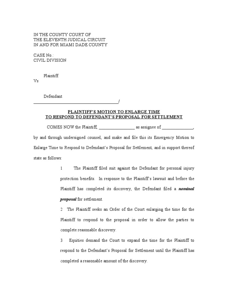 Motion For Extension of Time Proposal For Settlement Florida | PDF | Discovery (Law) | Lawsuit