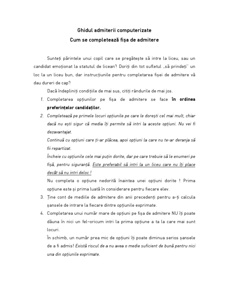 Ghid Admitere Liceu 2013 | PDF