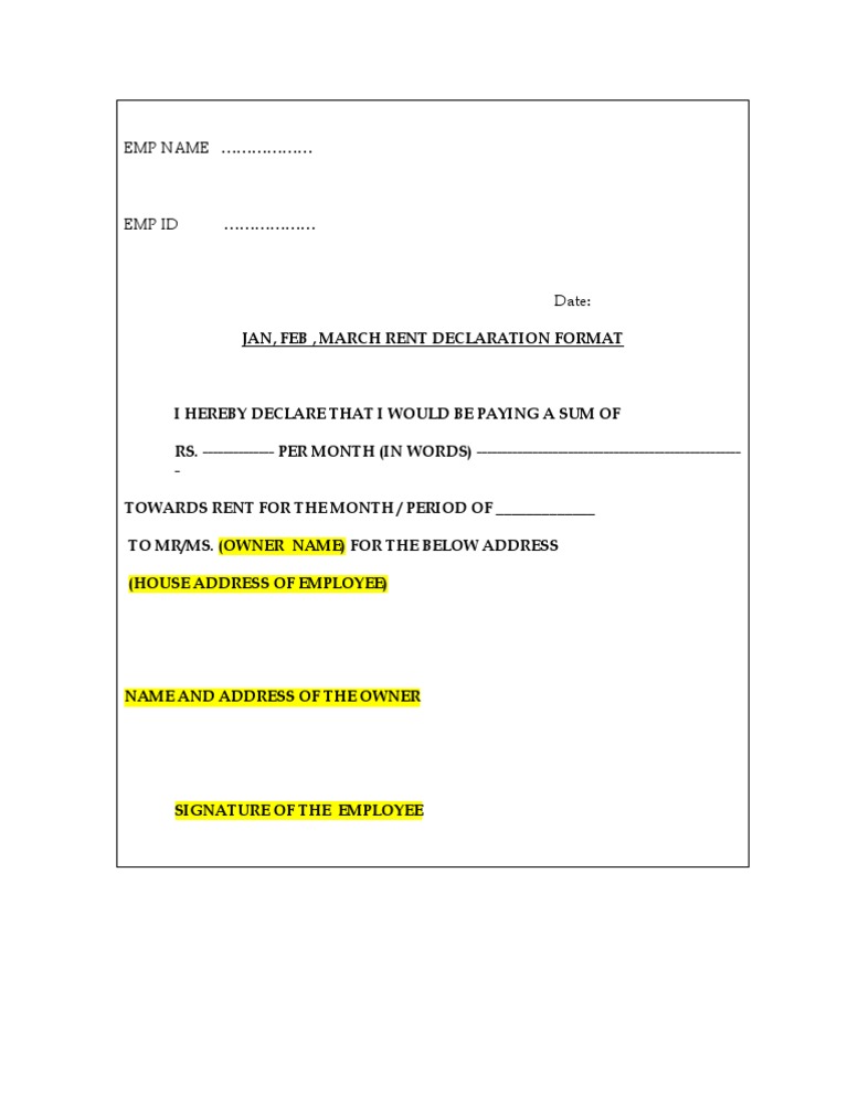 Jan Feb March Rent Declaration Format | PDF