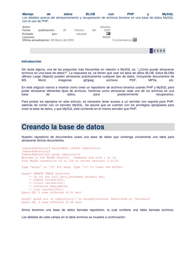 Manejo de Datos BLOB Con PHP y MySQL | PDF | Servidor web | Internet y web