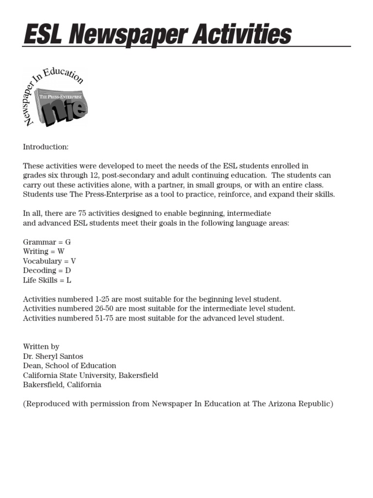 ESL Newspaper Activities All Levels | PDF | Verb | Pronoun