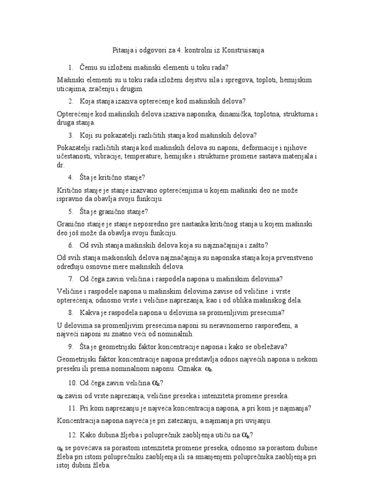 Pitanja I Odgovori Za 4 Kontrolni Iz Konstruisanja | PDF