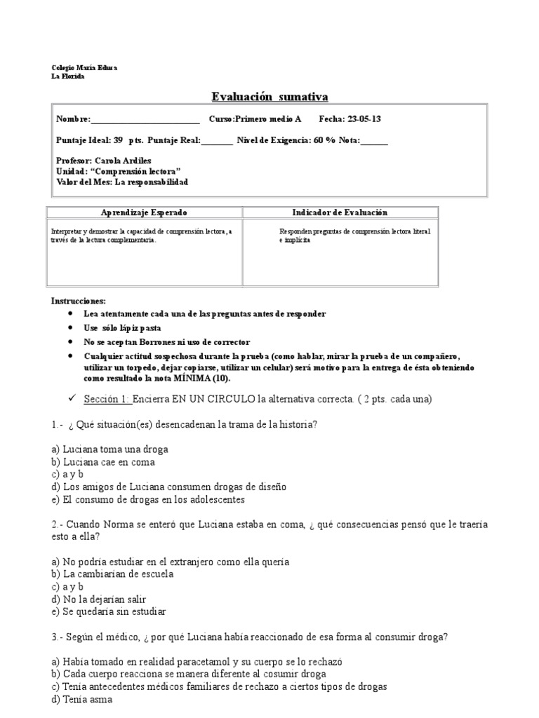 Prueba de Comprensión: Campos de Fresas | PDF | Comprensión lectora ...