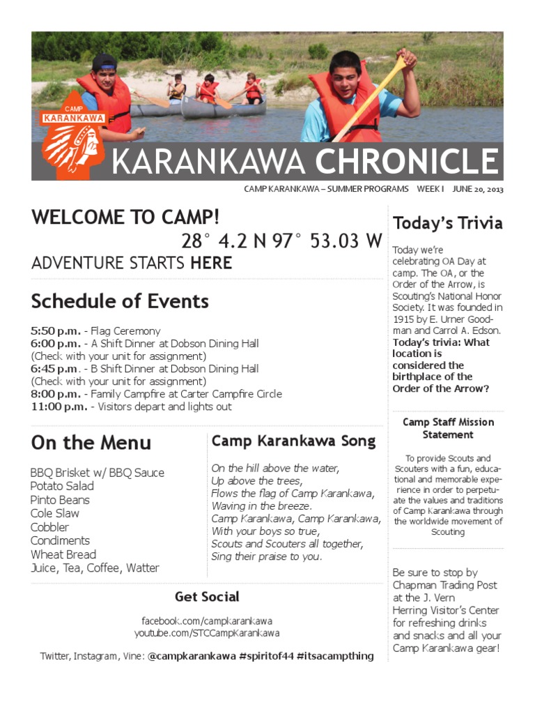 Camp Karankawa - Newsletter - Week 1 | PDF | Scouting | Youth Organizations