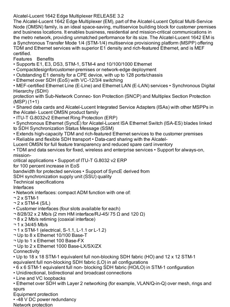 Alcatel-Lucent 1642 Edge Multiplexer Manual | PDF | Ethernet | Computer ...