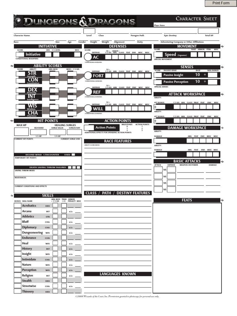 D&D 4.0 Edition - Character Sheets | PDF | Leisure Activities | Fantasy ...