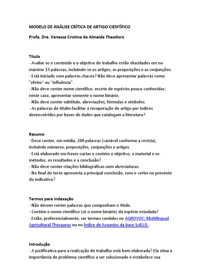 Modelo de Analise Critica de Artigo Cientifico | PDF | Citação | Science Modelo de Analise Critica de Artigo Cientifico | PDF | Citação | Science