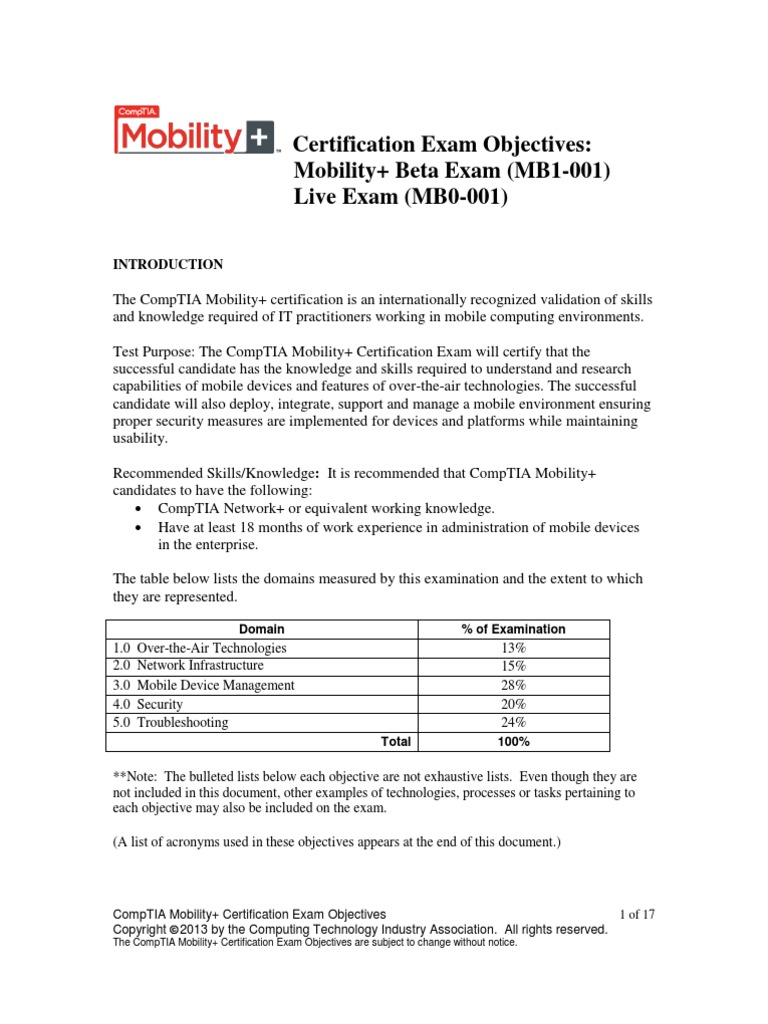 Certification Exam Objectives: Mobility+ Beta Exam (MB1-001) Live Exam ... Certification Exam Objectives: Mobility+ Beta Exam (MB1-001) Live Exam ...