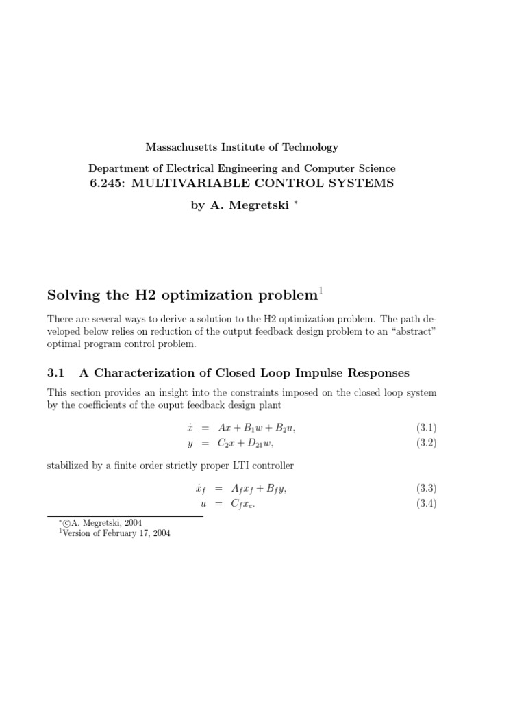 Solving The H2 Optimization Problem: 6.245: Multivariable Control Systems by A. Megretski | PDF ...