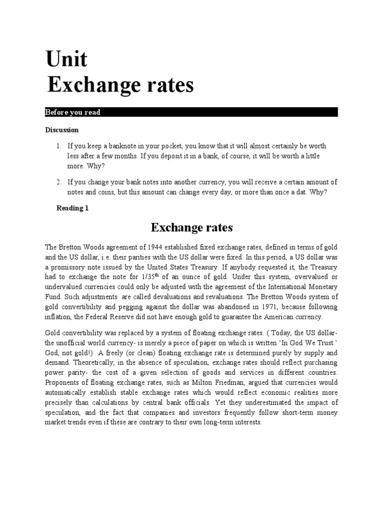 Unit 9 - Exchange Rate Key | PDF | Fixed Exchange Rate System ...