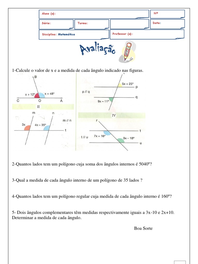 Exercicios Sobre Ângulos Retas Paralelas Cortadas Por Uma Transversal e ...