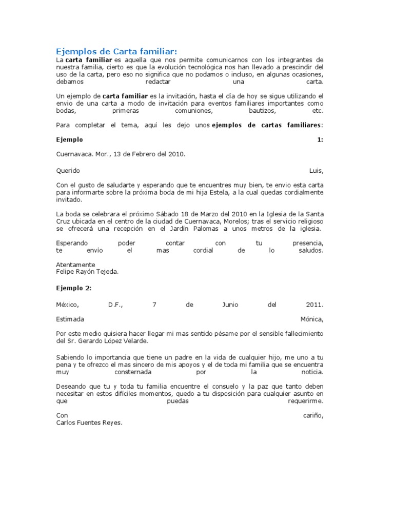 Ejemplos de Carta Familiar