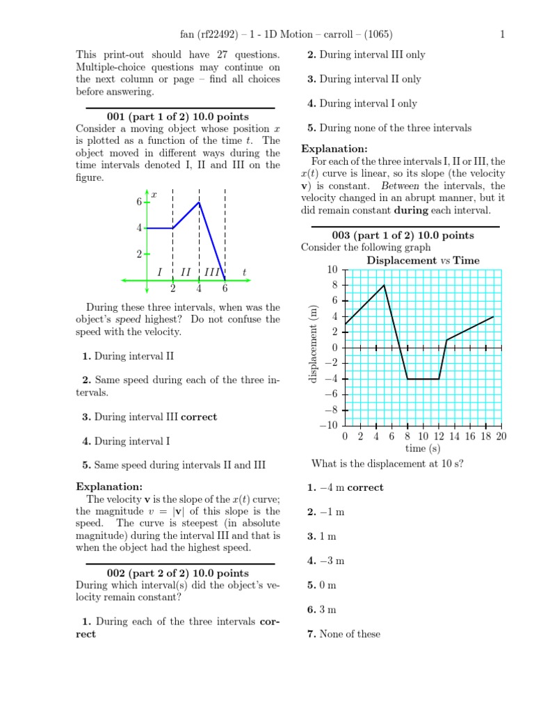 1 - 1D Motion-Solutions | PDF | Speed | Velocity
