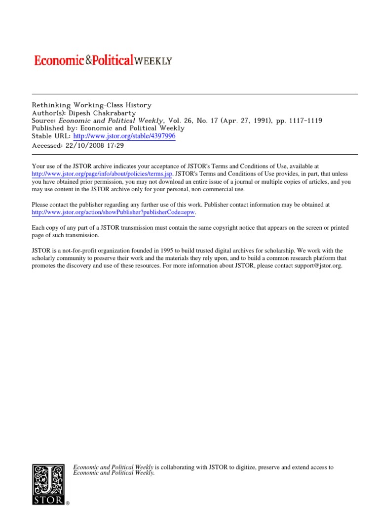 Dipesh Chakrabarty - Rethinking Working-Class History in EPW | PDF ...