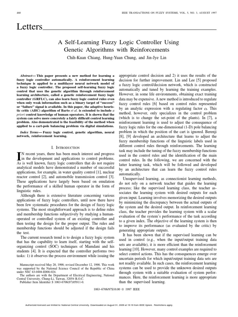 A Self Leaning Fuzzy Logic Controller Using Genetic Algorithm With Reinforcements Pdf Fuzzy