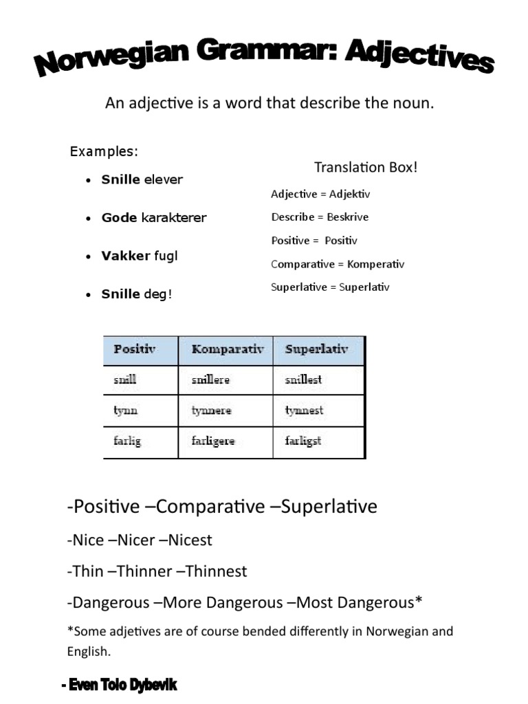 Norwegian Grammar Adjectives | PDF