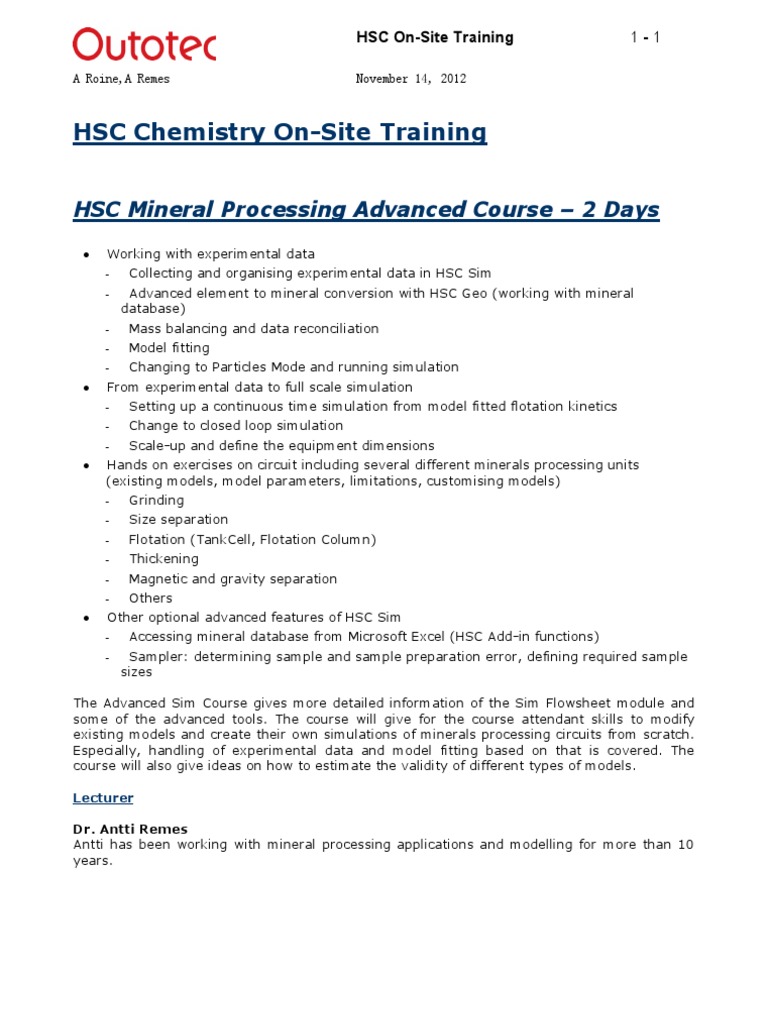 HSC Chemistry On-Site Training: HSC Mineral Processing Advanced Course ...