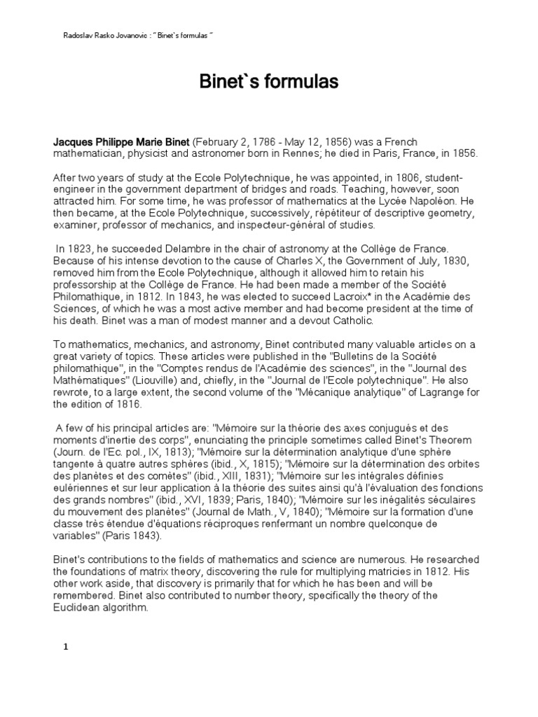 Binet | Mathematical Analysis | Physics & Mathematics