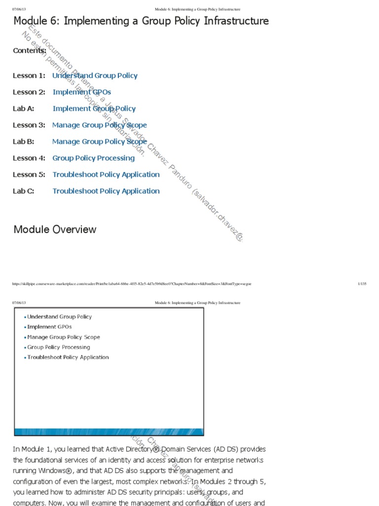 Module 6 - Implementing A Group Policy Infrastructure | PDF | Group Policy | Active Directory