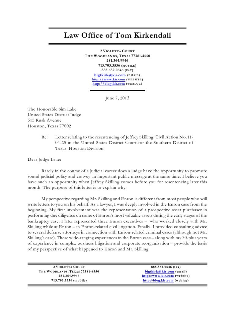 Tom Kirkendall Letter To U.S. Judge Sim Lake Regarding The Resentencing ...