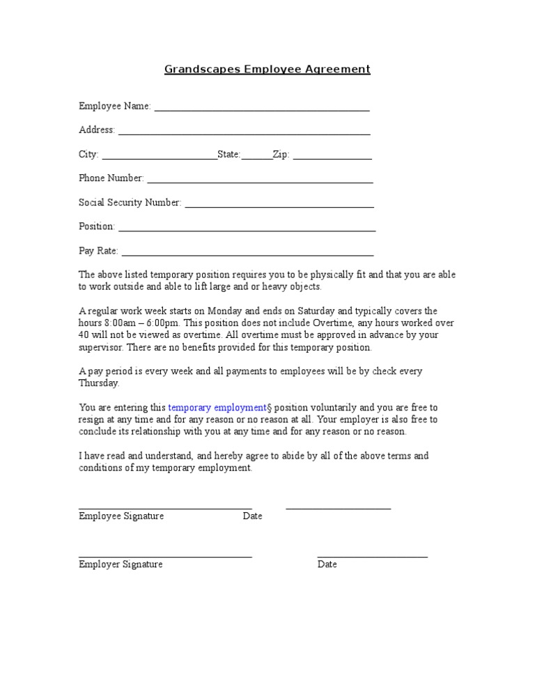 Grandscapes Employee Agreement Template | PDF
