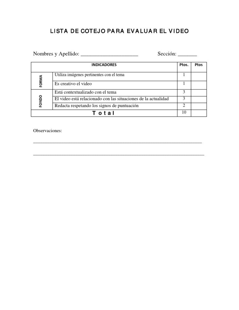 Lista de Cotejo Para Evaluar El Video