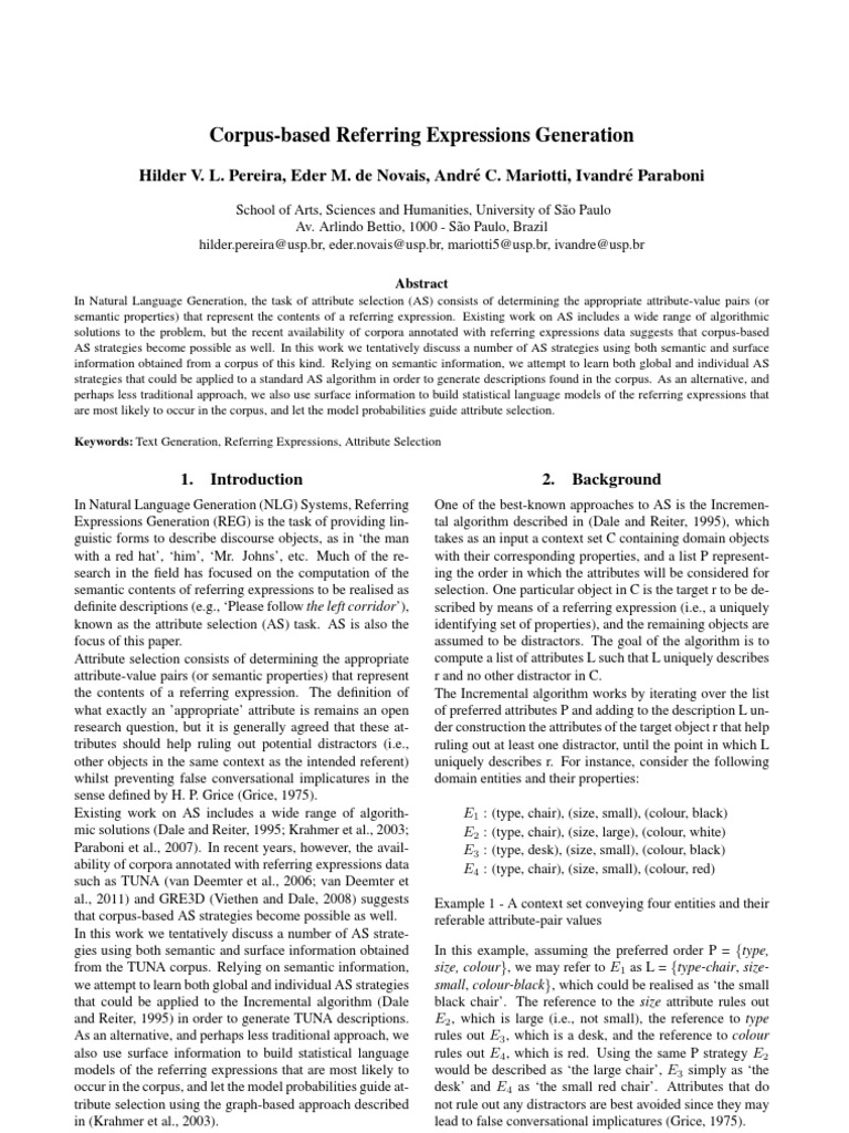Corpus-Based Referring Expressions Generation | PDF | Statistical Classification | C ...