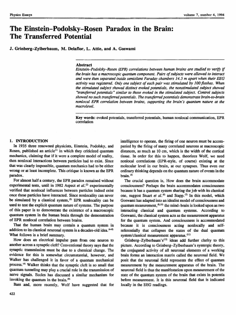 The Einstein-Podolsky-Rosen Paradox in the Brain:The Transferred ...