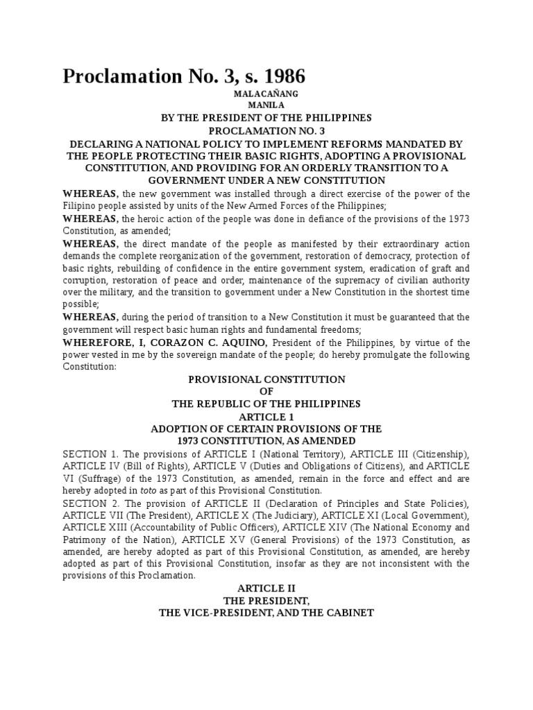 Proclamation No. 3 S. 1986 | Legal Documents | Constitution