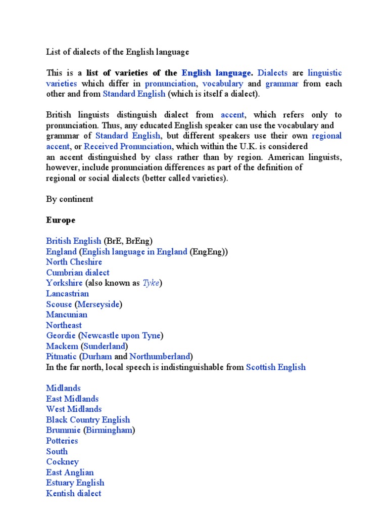 List of Dialects of The English Language | PDF | Dialect | English Language