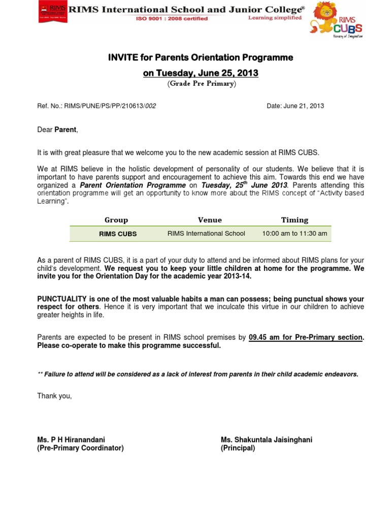 INVITE For Parents Orientation Programme On Tuesday, June 25, 2013 (Grade Pre Primary) | PDF