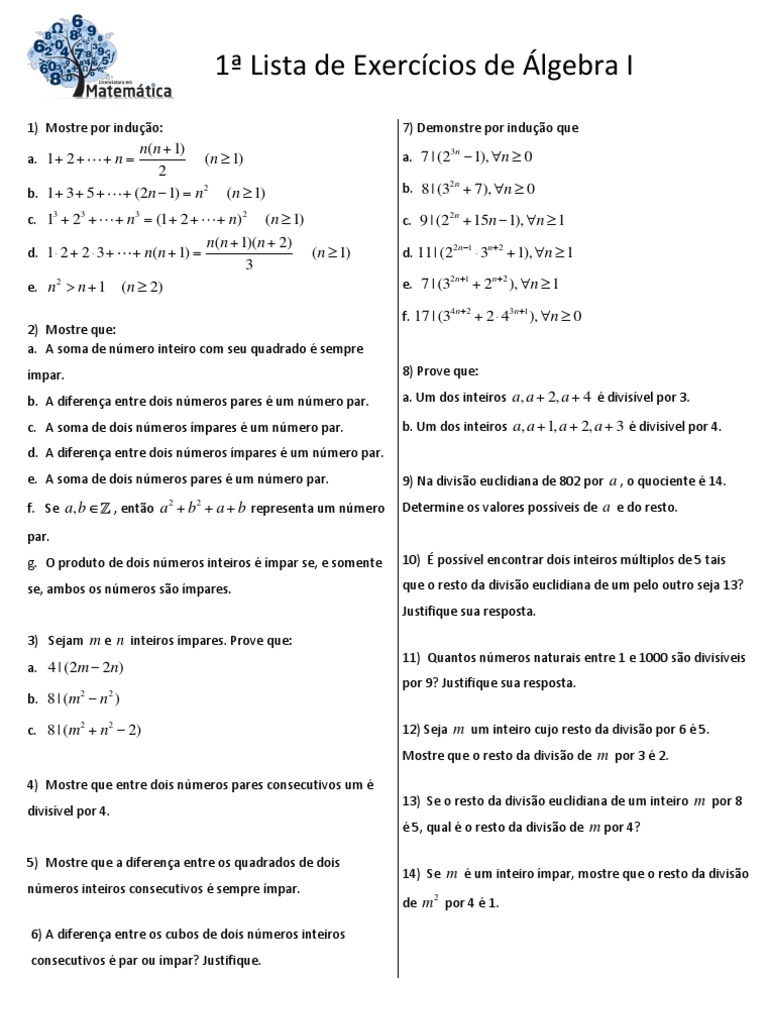 1 Lista de Exercícios de Álgebra I | PDF | Métodos e Materiais de Ensino