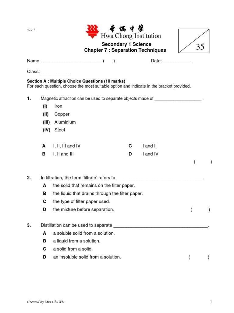 Separation Techniques Worksheet for Students | PDF | Distillation ...