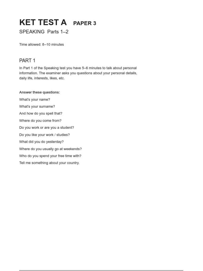 KET Speaking Test: Parts 1 & 2 Guide | PDF