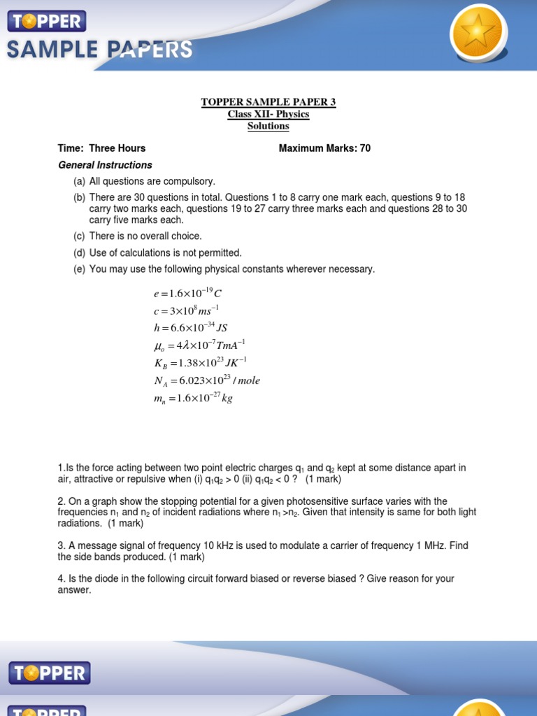 Topper Sample Paper 3 Class XII-Physics Solutions: Time: Three Hours ...