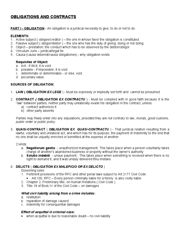Obligations & Contracts Memory Aid | PDF | Assignment (Law) | Offer And Acceptance