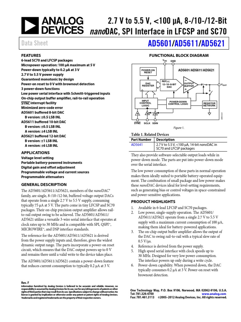 Nanodac, Spi Interface In Lfcsp And Sc70: 2.7 V To 5.5 V,