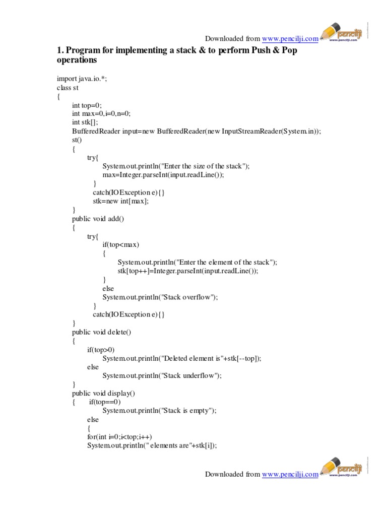Program For Implementing A Stack & To Perform Push & Pop Operations | PDF | Java Servlet | Java ...