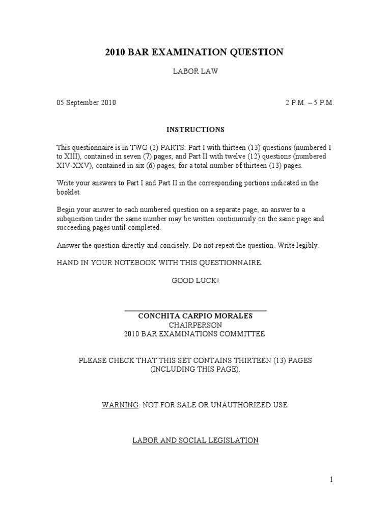 2010 Bar Examination Question | PDF | Strike Action | Employment