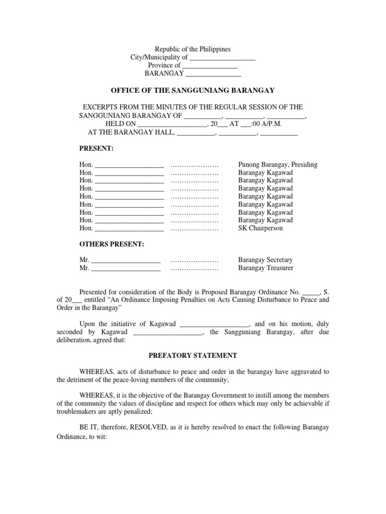 Brgy Ordinance On Disturbance To Peace and Order Repost Not Mine | PDF ...