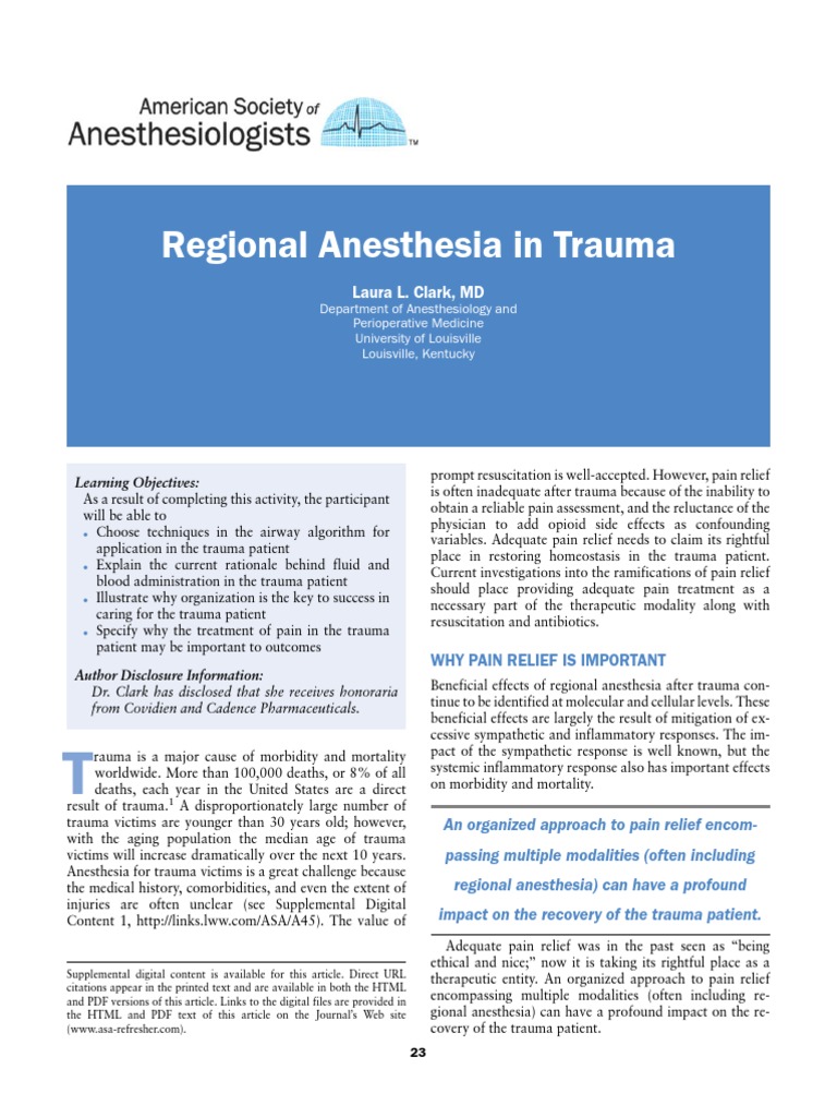 Regional Anesthesia in Trauma | PDF | Anesthesia | Major Trauma